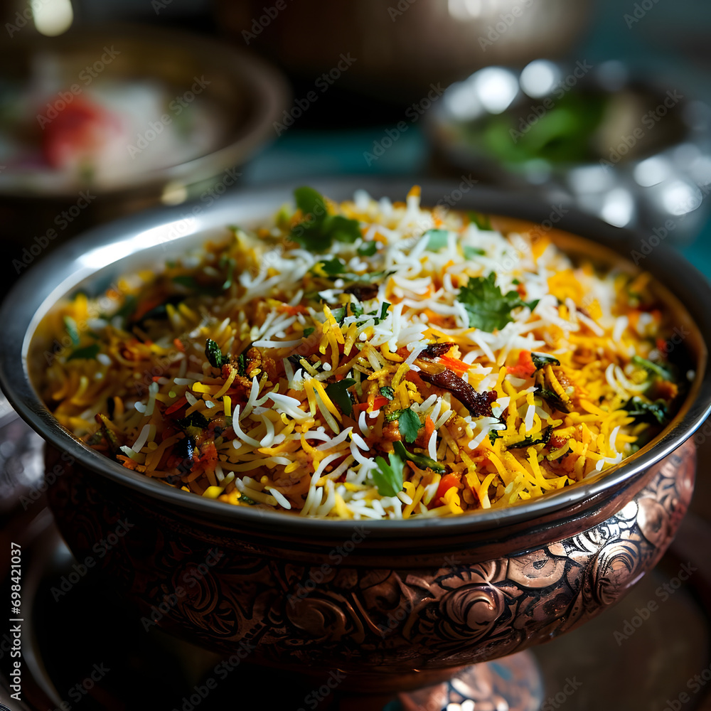 Aromatic biryani from Hyderabad, photographed with a telephoto lens to ...
