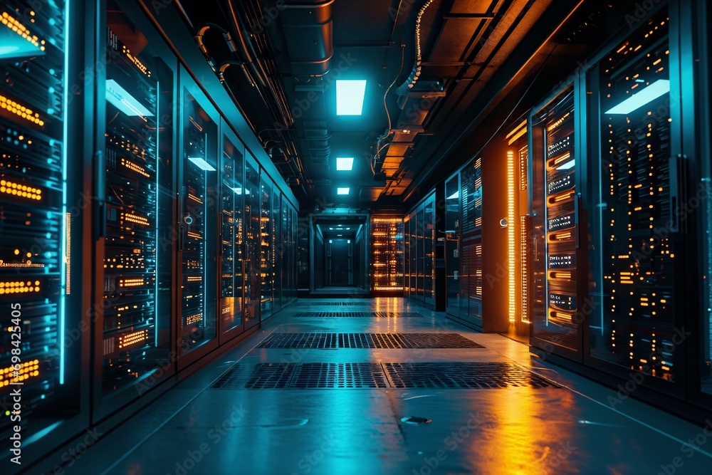 Server room with rows of rack-mounted servers. Supercomputer or mainframe. Data center. Cloud ...