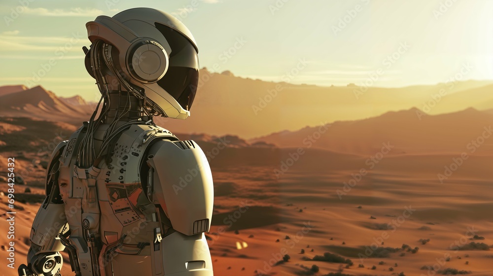 Astronaut on Mars. Spaceman in futuristic spacesuit exploring the red ...