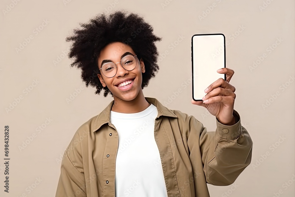 happy african american teen student holding mobile cell phone pointing ...