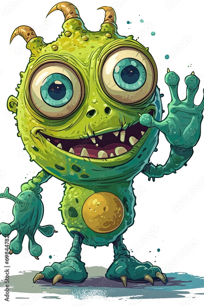 Cartoon alien with three eyes, tentacles and a friendly wave in bright ...