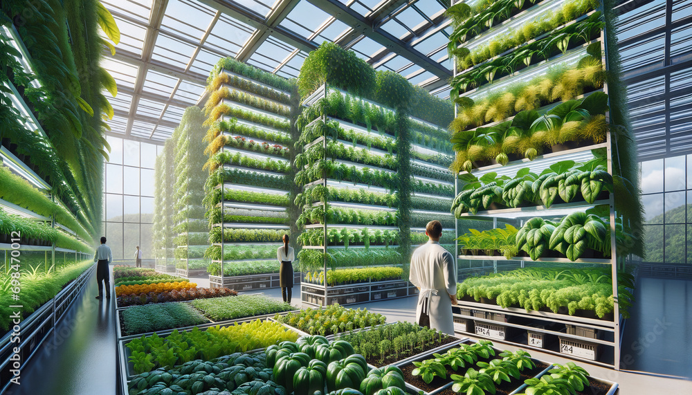 Modern vertical farm with lush green plants, natural sunlight, and ...