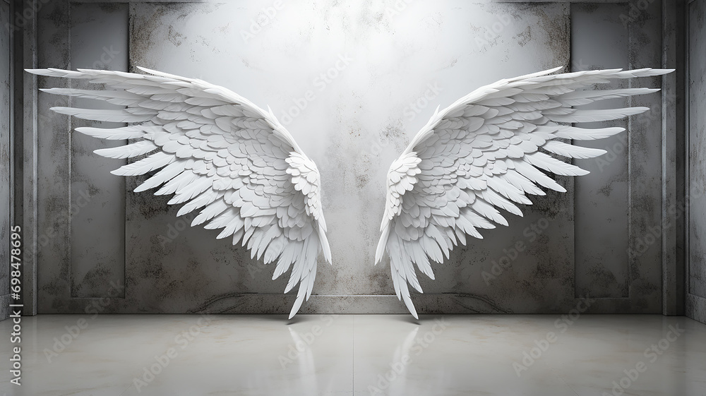 huge angel wings on a white wall background art object to insert design ...