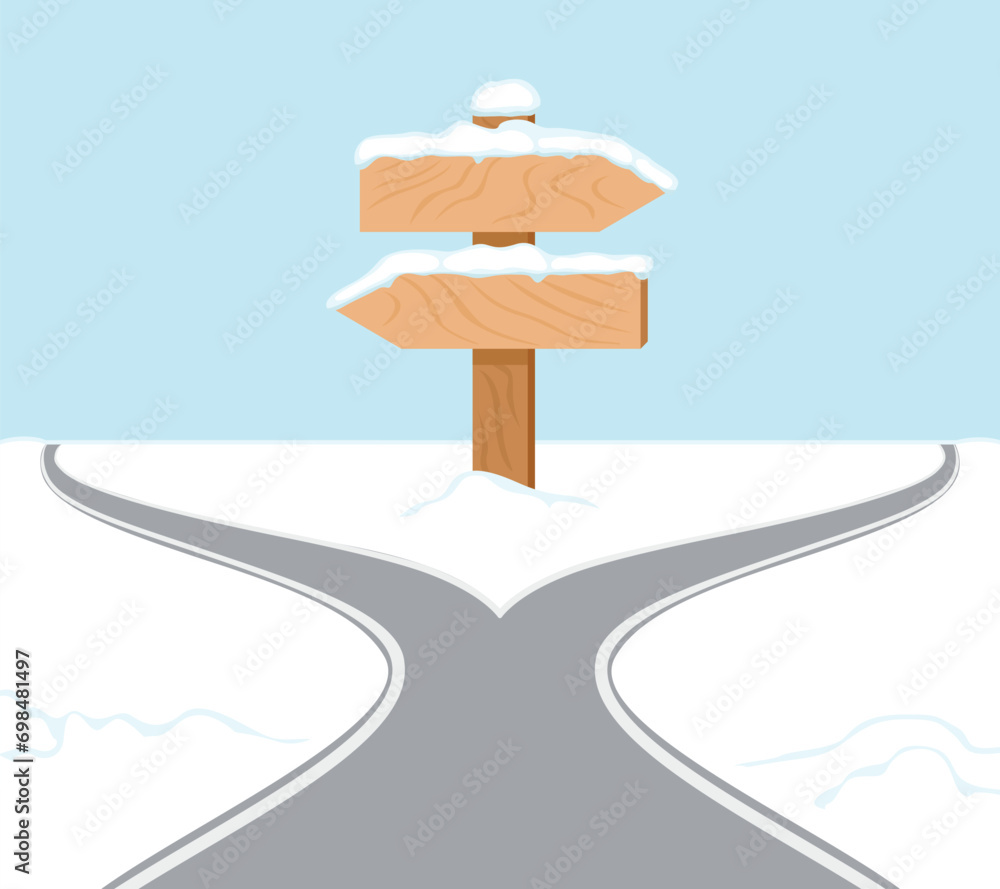 Road signboard at crossroad. Choosing between two paths. Winter ...