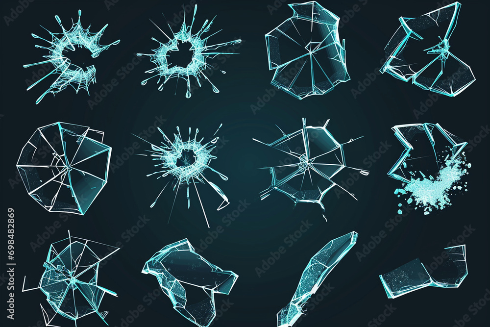 set of shattered glass vector style icons, symbolizing fragility and ...