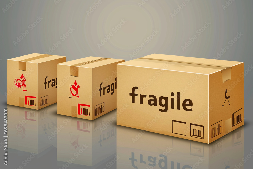 set of vector style icons of boxes with the word "fragile" written on ...