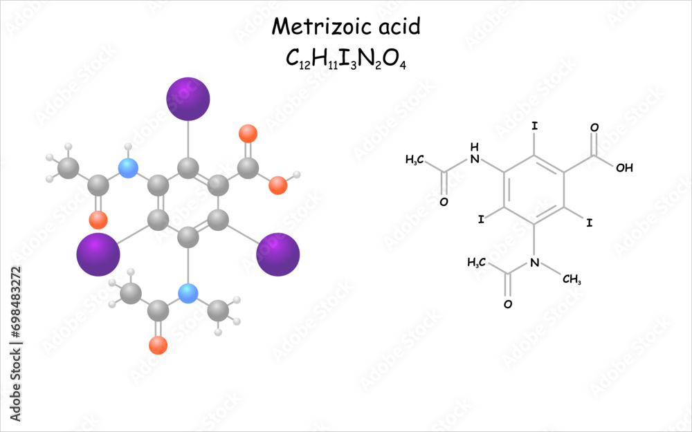 Metrizoic acid. Stylized molecule model and structural formula. Use as contrast medium for x-ray ...