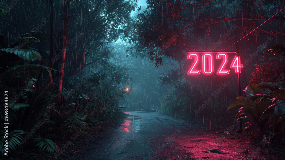 Large neon sign 2024 in a dark night forest. Neon lights. 2024th year ...