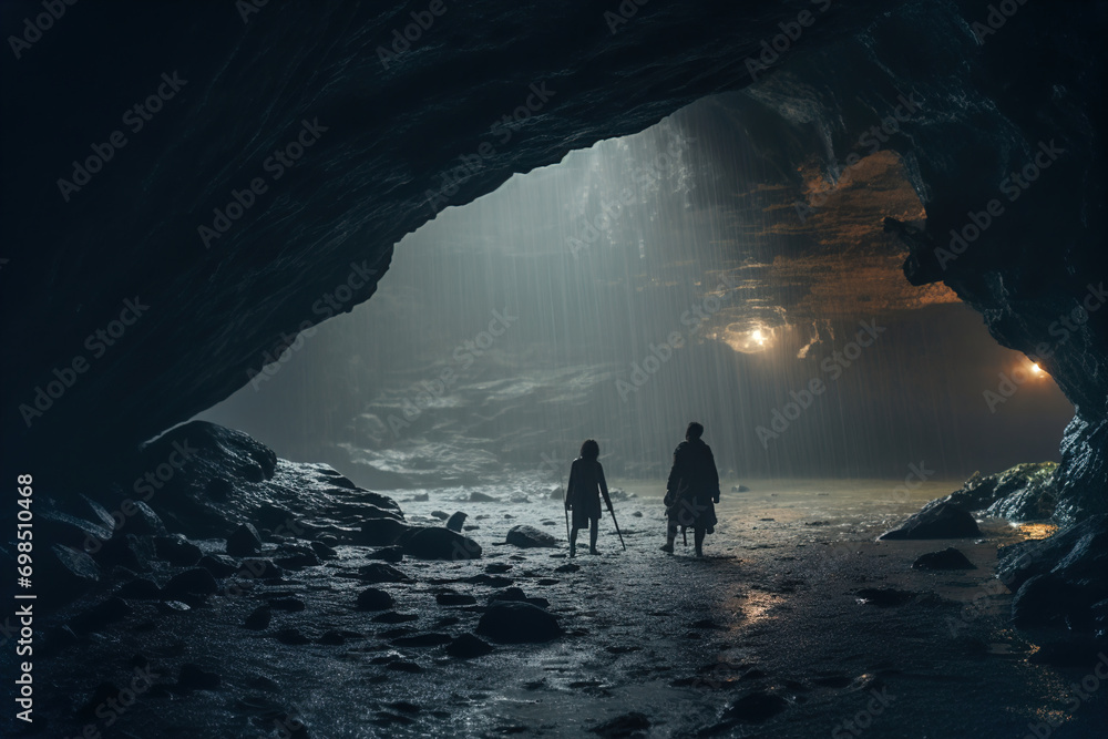 Prehistoric ancient people are inside a cave and doing various things ...