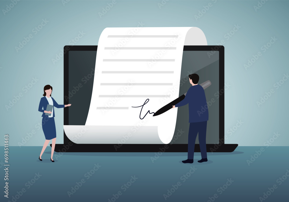 Electronic signature on laptop. Business E-signature technology ...