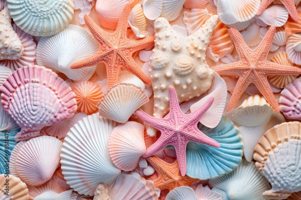 Starfish and various seashells macro background. Sshells have different ...