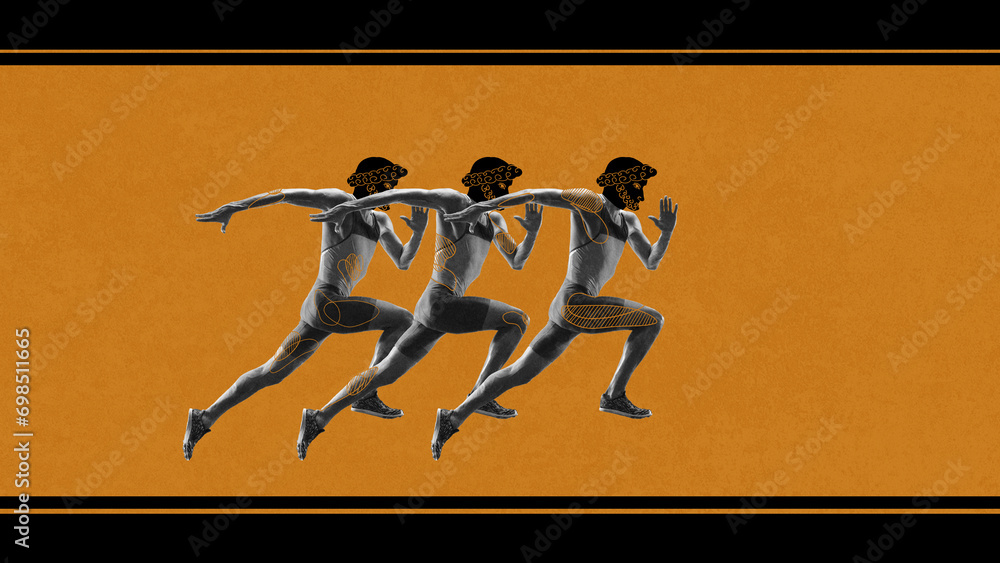 Young athletic man, runner with ancient drawn head, athlete in motion, running over orange ...