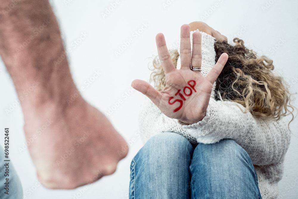 Stop Domestic violence aggression concept with hidden woman protecting ...