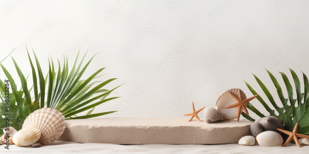 Empty stone platform podium with palm leaves sea shells and starfish on ...