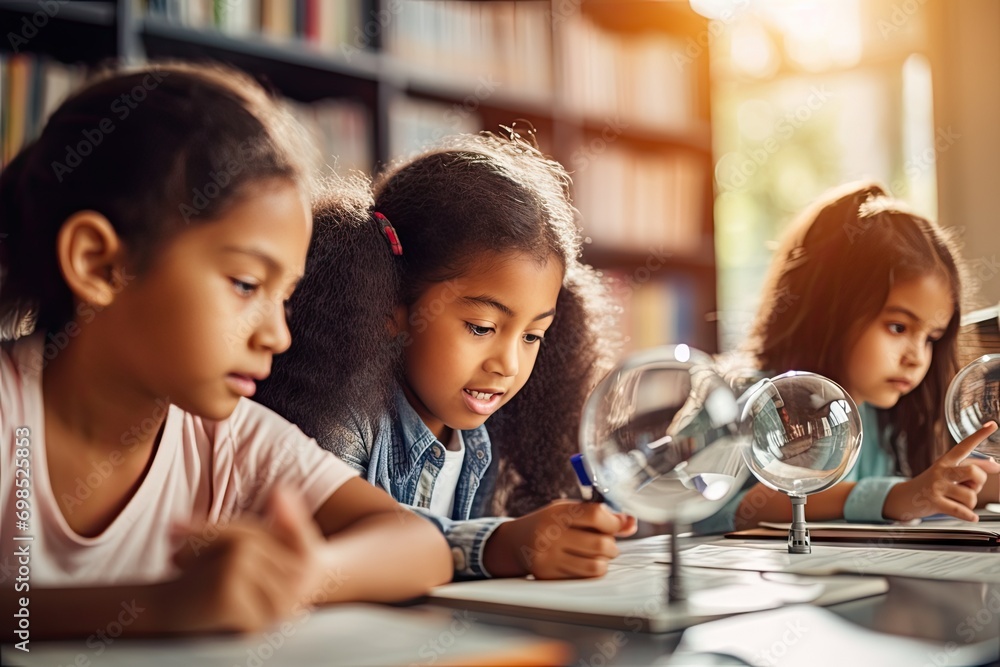 Students Using Magnifying Glass in a Robotics Classroom, Exploring ...