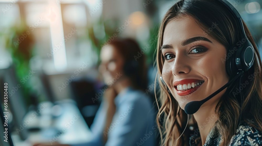 Call center young woman with a smile. Customer service with microphone ...