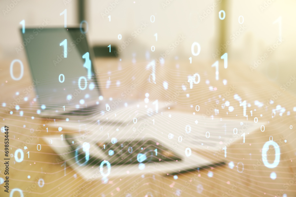 Abstract virtual binary code hologram on blurry calculator and computer background, AI and ...