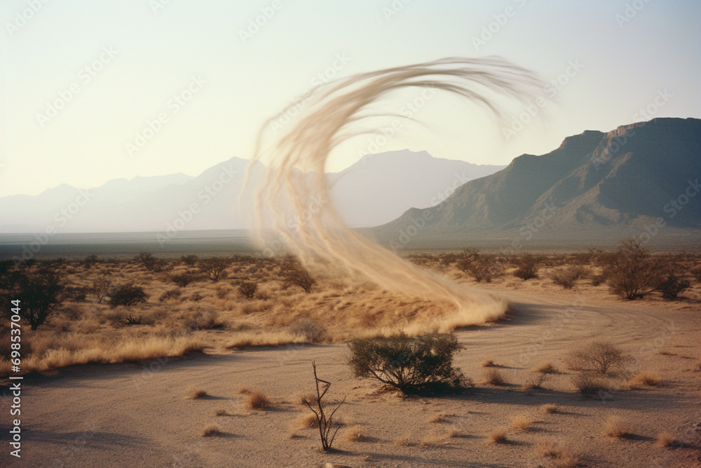 Spiraling dust devil in a desert landscape, illustrating the dynamic ...