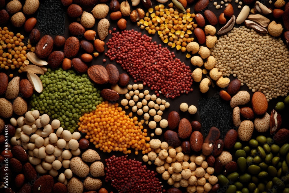 Variety of grains and legumes as a background, top view, A collage made ...