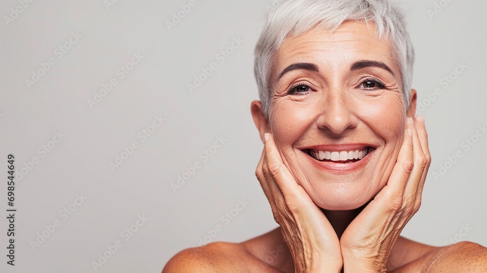 Beauty, skincare and senior face model showing wellness, health and ...