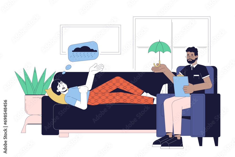 Beat winter blues with psychotherapy 2D linear illustration concept ...