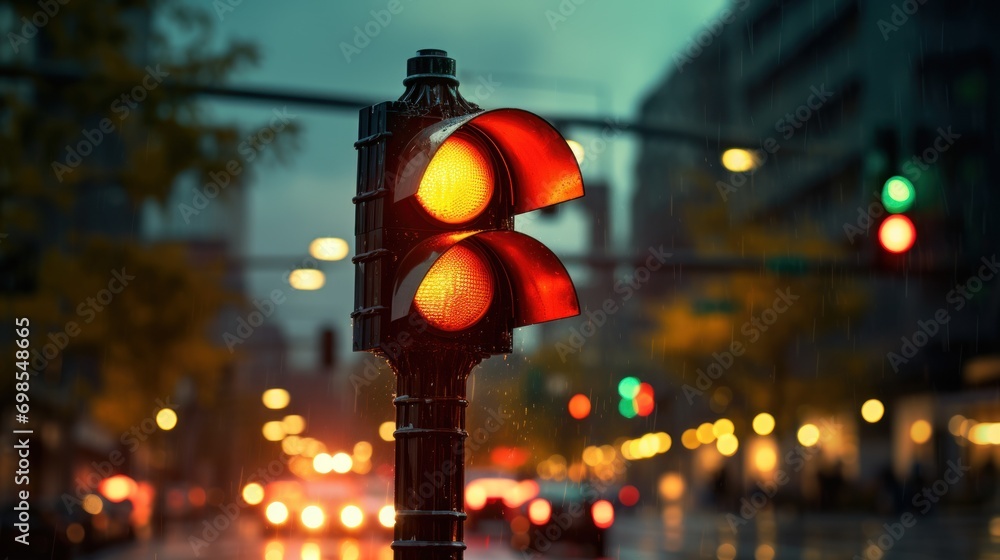 Traffic light glows with vibrant colors against the evening city ...