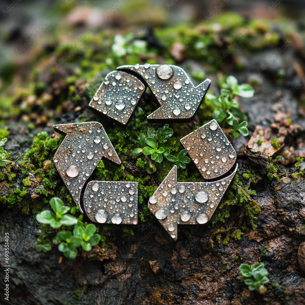 Recycle Symbol with water drops on Moss and Stone Background. Save the ...