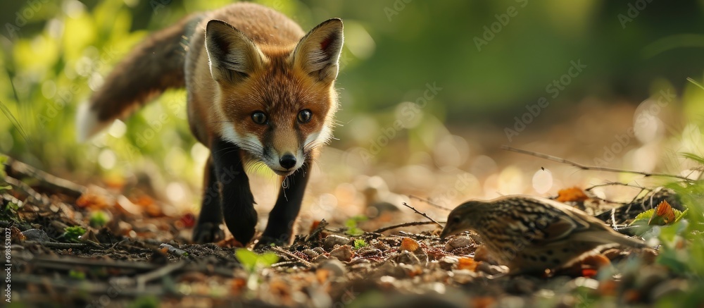 Normandy's red fox cub hunts down a partridge. Stock Photo | Adobe Stock