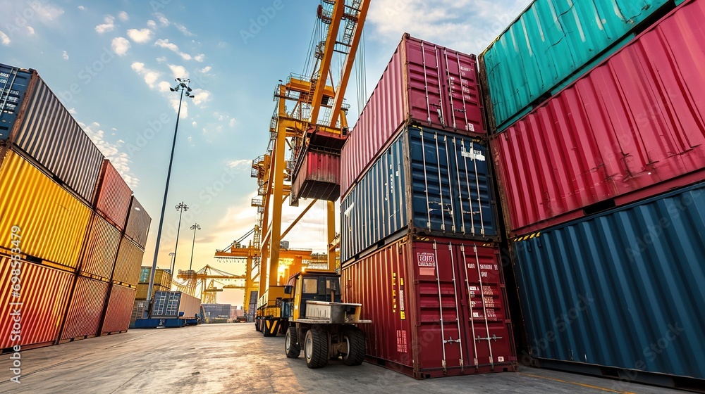 Container stacker crane lifting up stacking container box in yard ...
