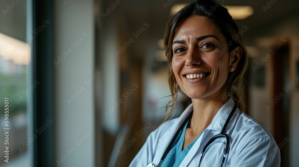 Doctor, healthcare and medical help woman leader with stethoscope smile ...