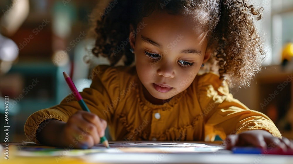 Excited little girl learns to draw with a colour pencil in an art class ...
