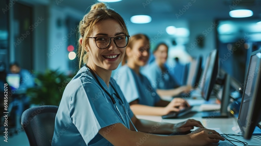 Happy receptionists working at a hospital using computers and looking ...