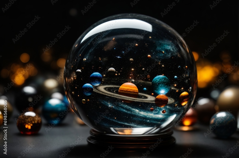 A transparent glass ball inside which reflects the solar system with ...
