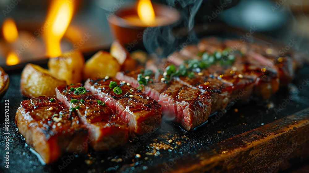 Foto de Rustic table setting with juicy grilled steaks on wooden plates ...