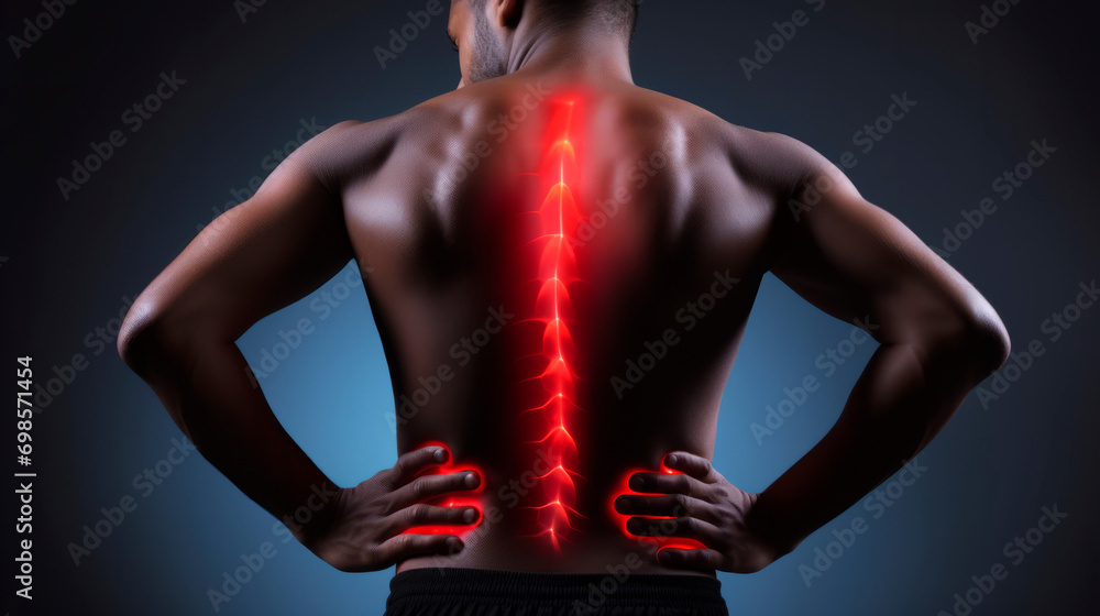 Muscular man standing turned and experiencing back pain in the form of ...