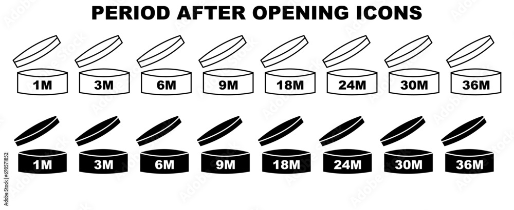 Period after open icons set. PAO symbols. Round box with cap opened ...