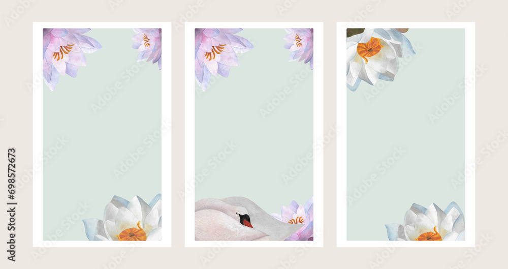 Triptych of frames Postcard template Watercolor purple white water lily ...