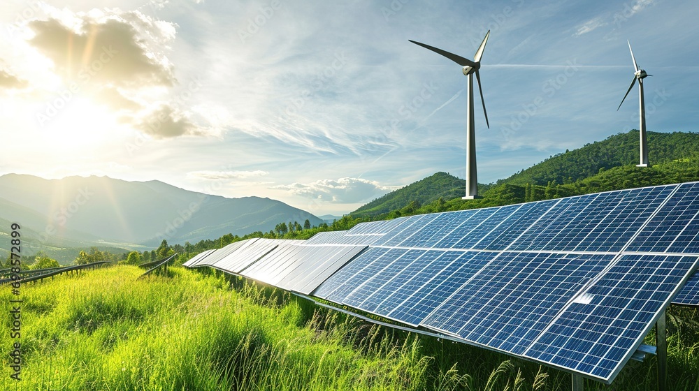 Solar energy panel photovoltaic cell and wind turbine farm power ...