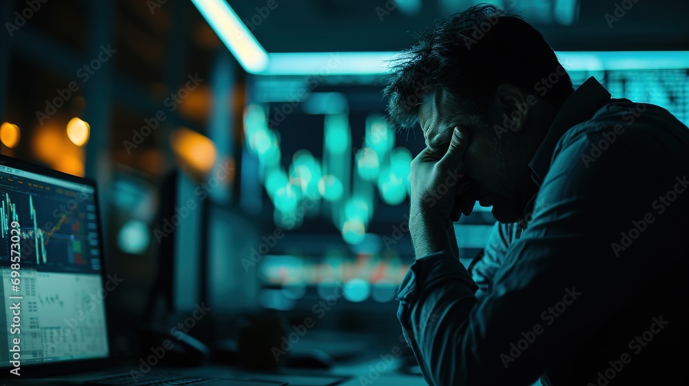 Stock market crash, business man sad, depressed or tired in dark ...