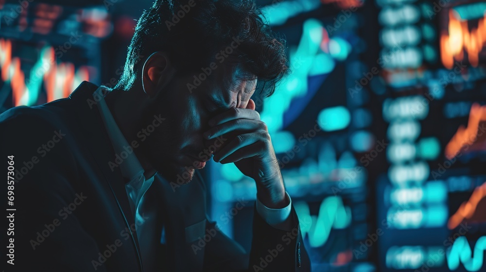 Stock market crash, business man sad, depressed or tired in dark ...