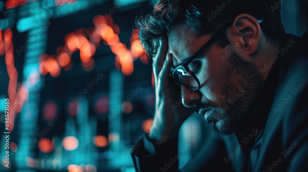 Stock market crash, business man sad, depressed or tired in dark ...