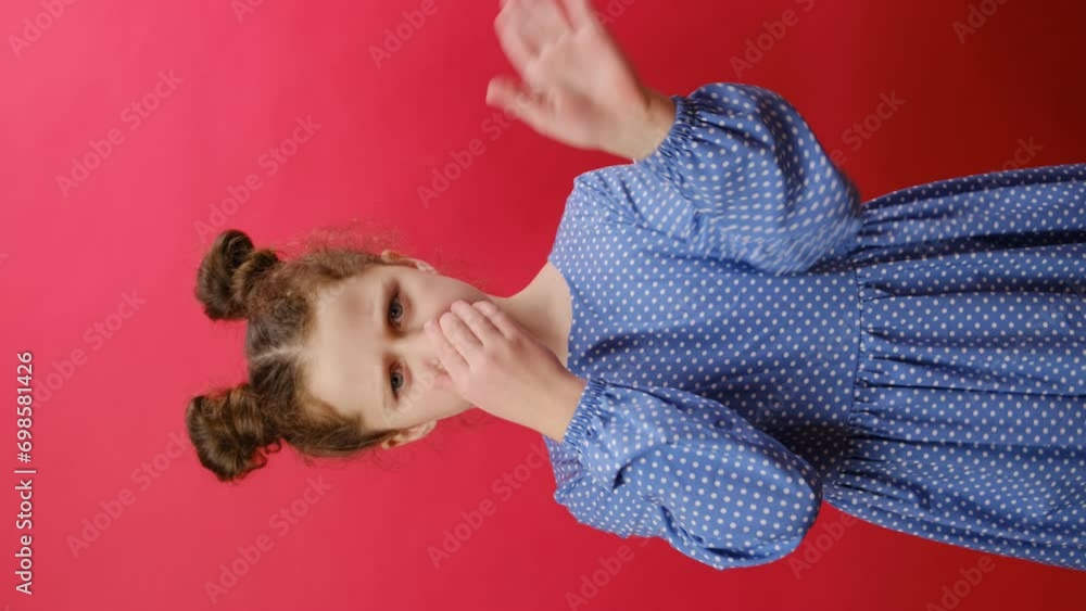 Vertical footage of disgusted little girl kid smelling stinky smell and ...