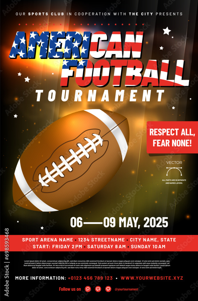 American football tournament poster template with ball and sample text ...