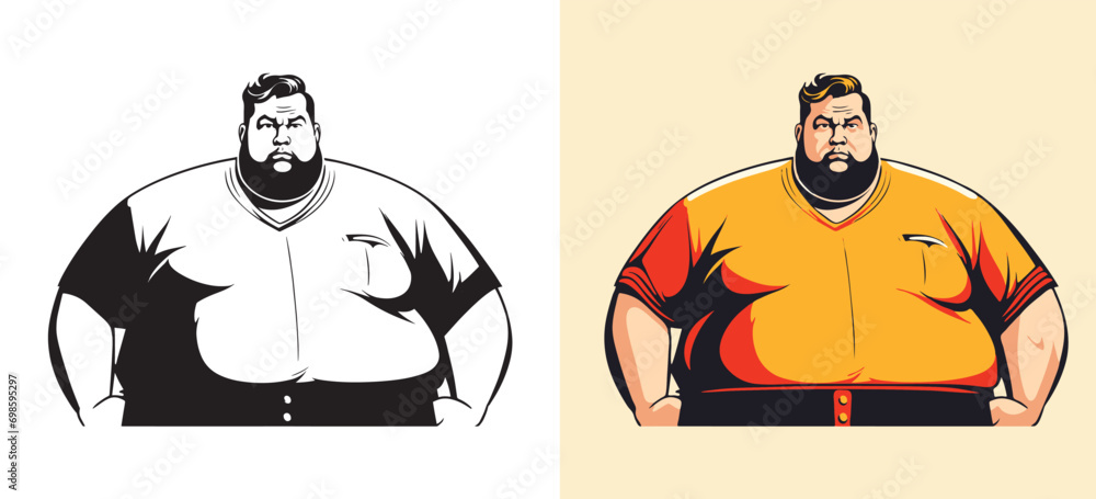 Fat man character portrait cartoon black white sketch vector and color ...