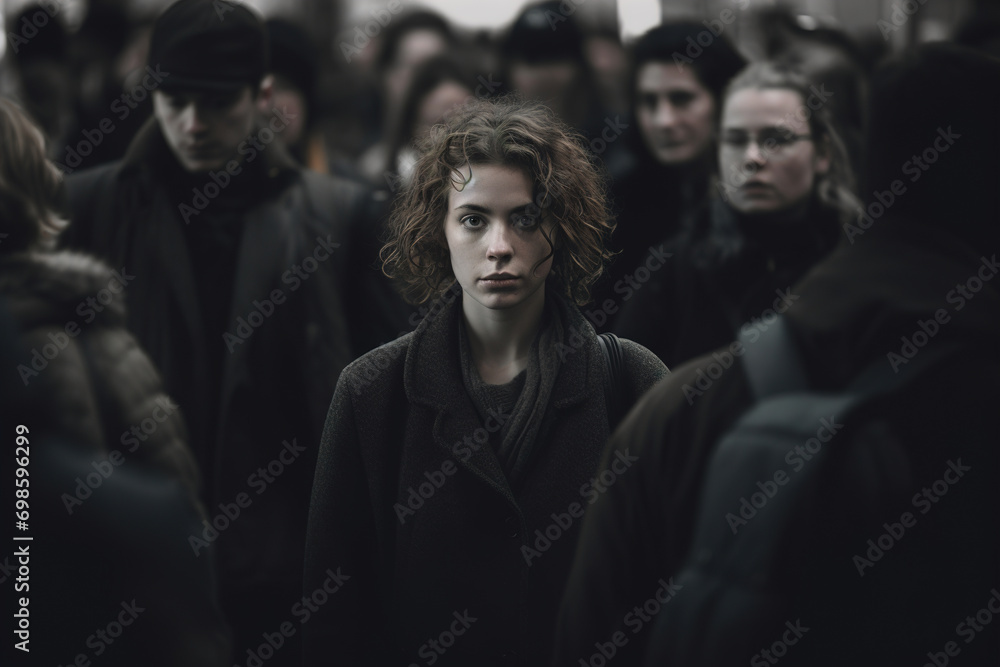 Women's loneliness, depression. Lonely sad tired woman standing in a ...