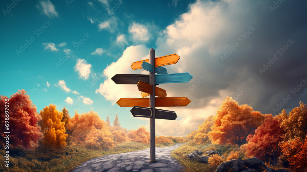 multi-directional signpost, choices paths and decisions.road trip ...