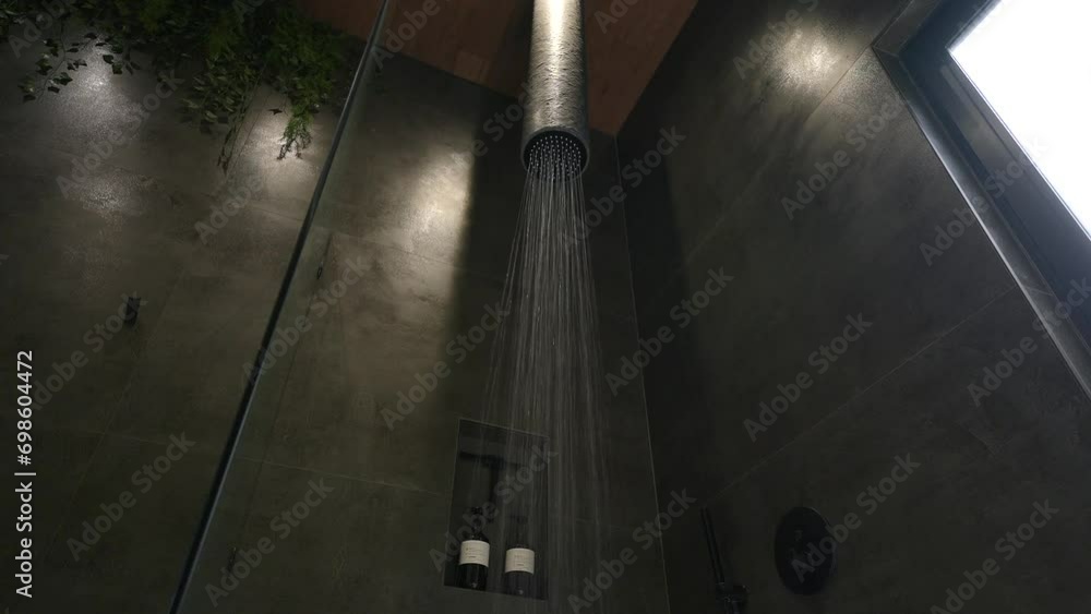 Low angle vie of water streaming from extraordinary shower head in ...