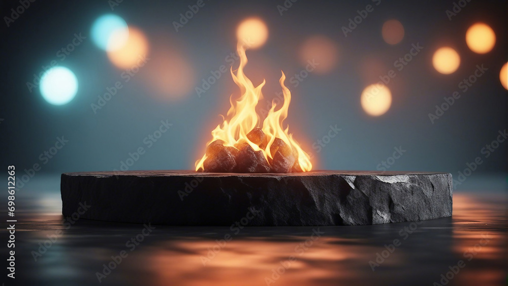 Dark stone podium for product display with fire flame and Fire sparks ...