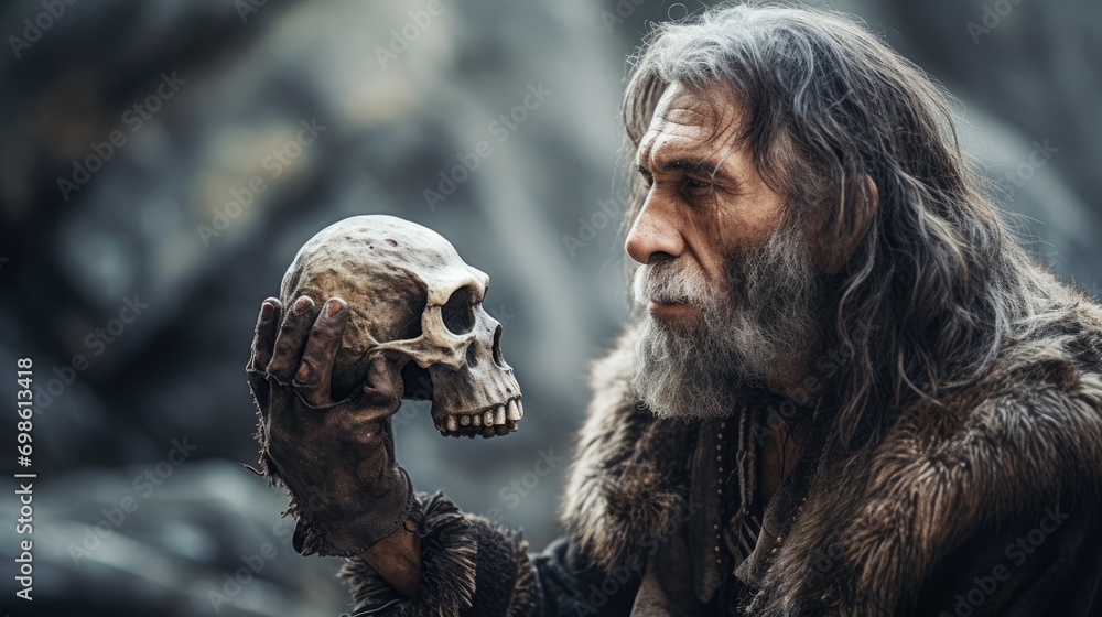 Primal Discovery: Neanderthal Caveman Observes Intently a Skull in His ...