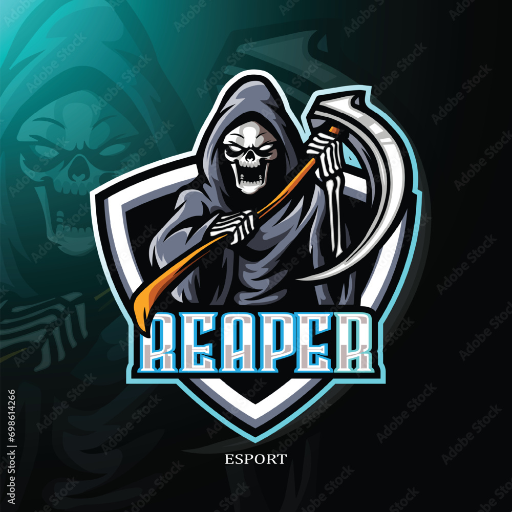Grim Reaper e-sport logo design vector illustration for badge, emblem ...